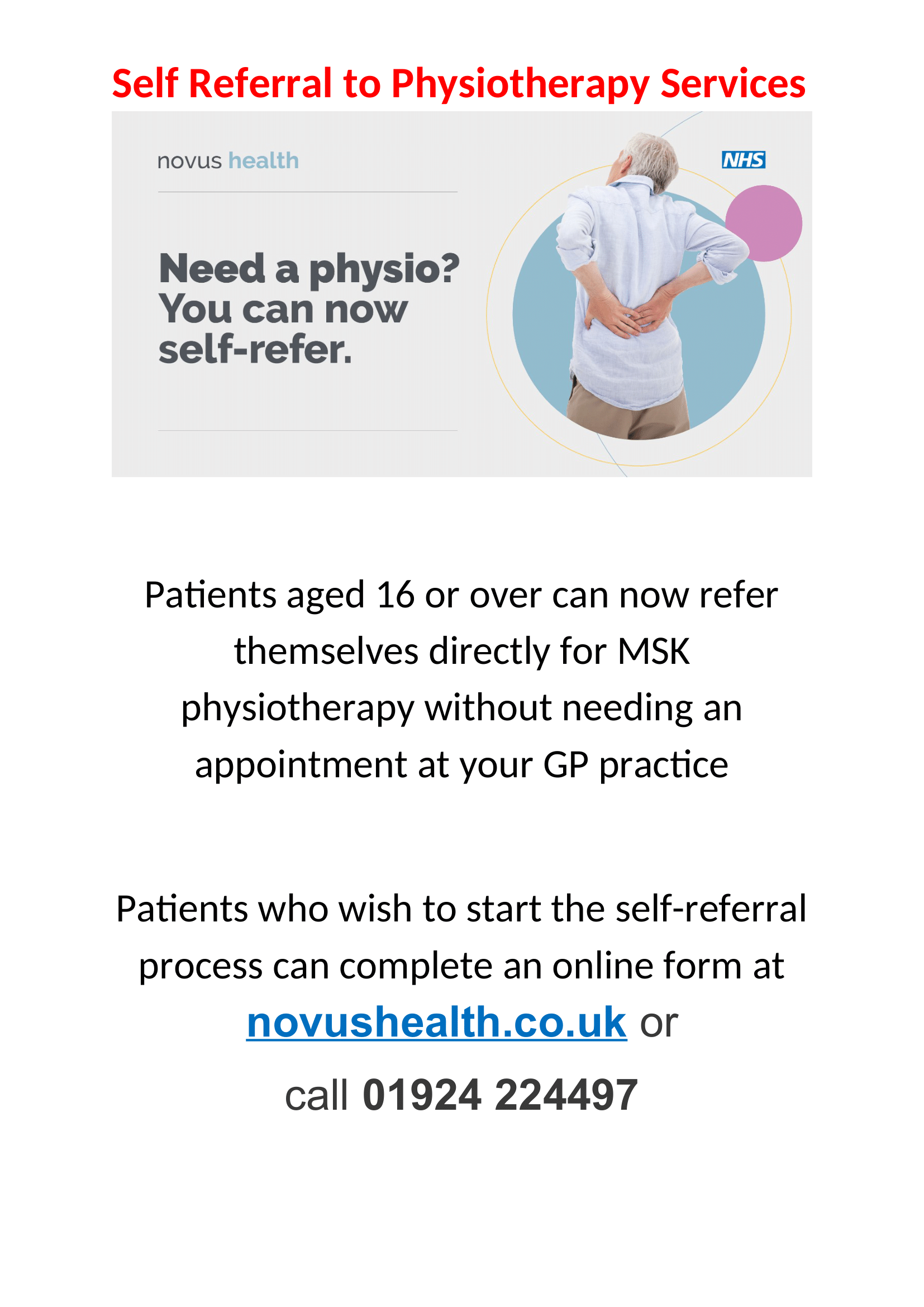 Self refer to Physiotherapy service - Stanley Health Centre